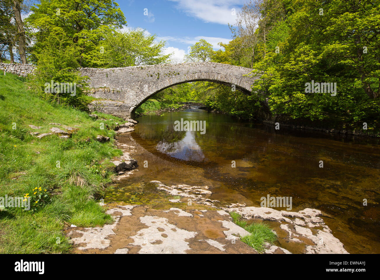 An old packhorse bridge crossing the River Ribble at Stainforth above ...