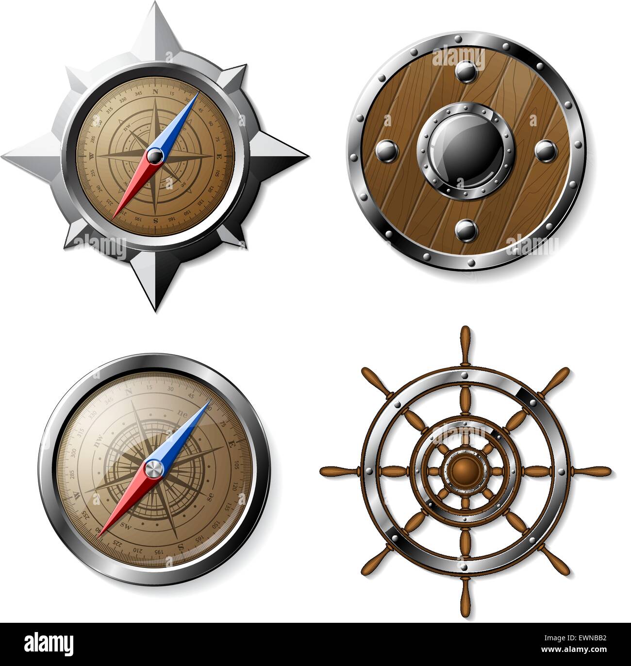 Set of Steel and Wooden Nautical elements isolated on white - compass ...