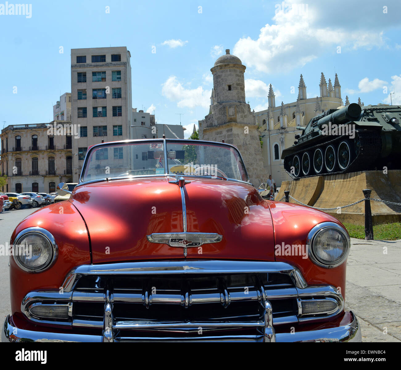 Havana, Cuba: Classic Old Chevrolet Taxi beside Soviet auto-propelled ...