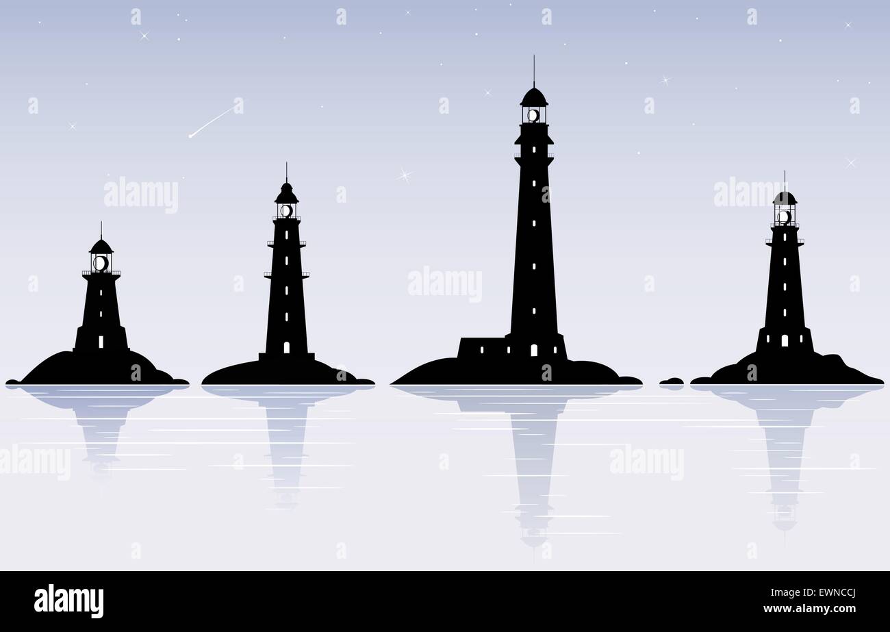 Four black lighthouses over evening sky with stars Stock Vector Image ...