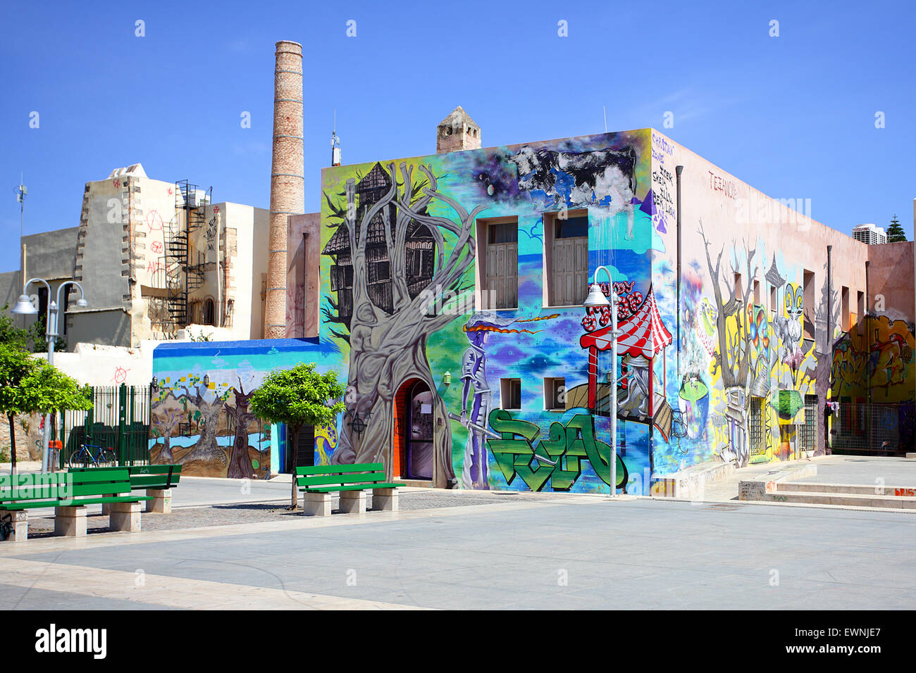 Brightly coloured mural in 'The Christian Zone' in Rethymnon. Situated ...