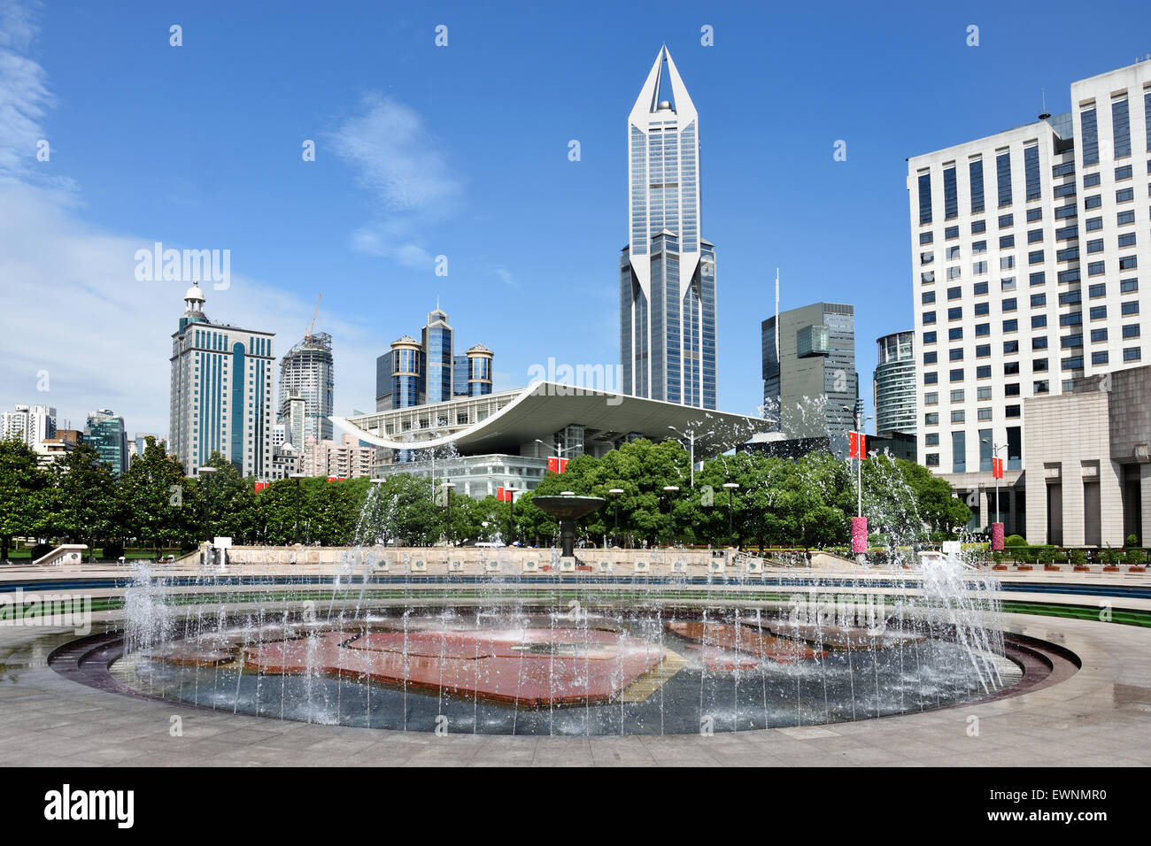Fountain with people and children on People's Square Municipal ...