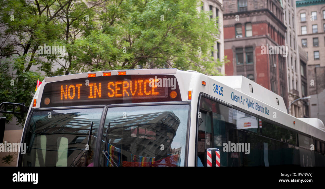 An "out of service" NYCTA bus in New York on Sunday, June 28, 2015 ...