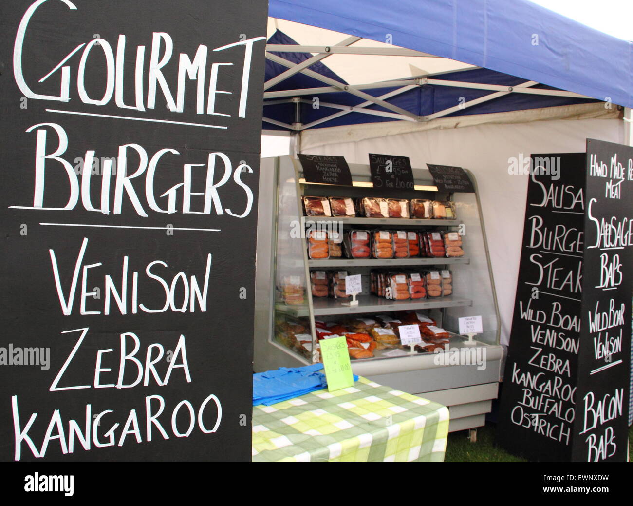 An exotic meat market stall at Chatsworth Country Fair, Peak District ...