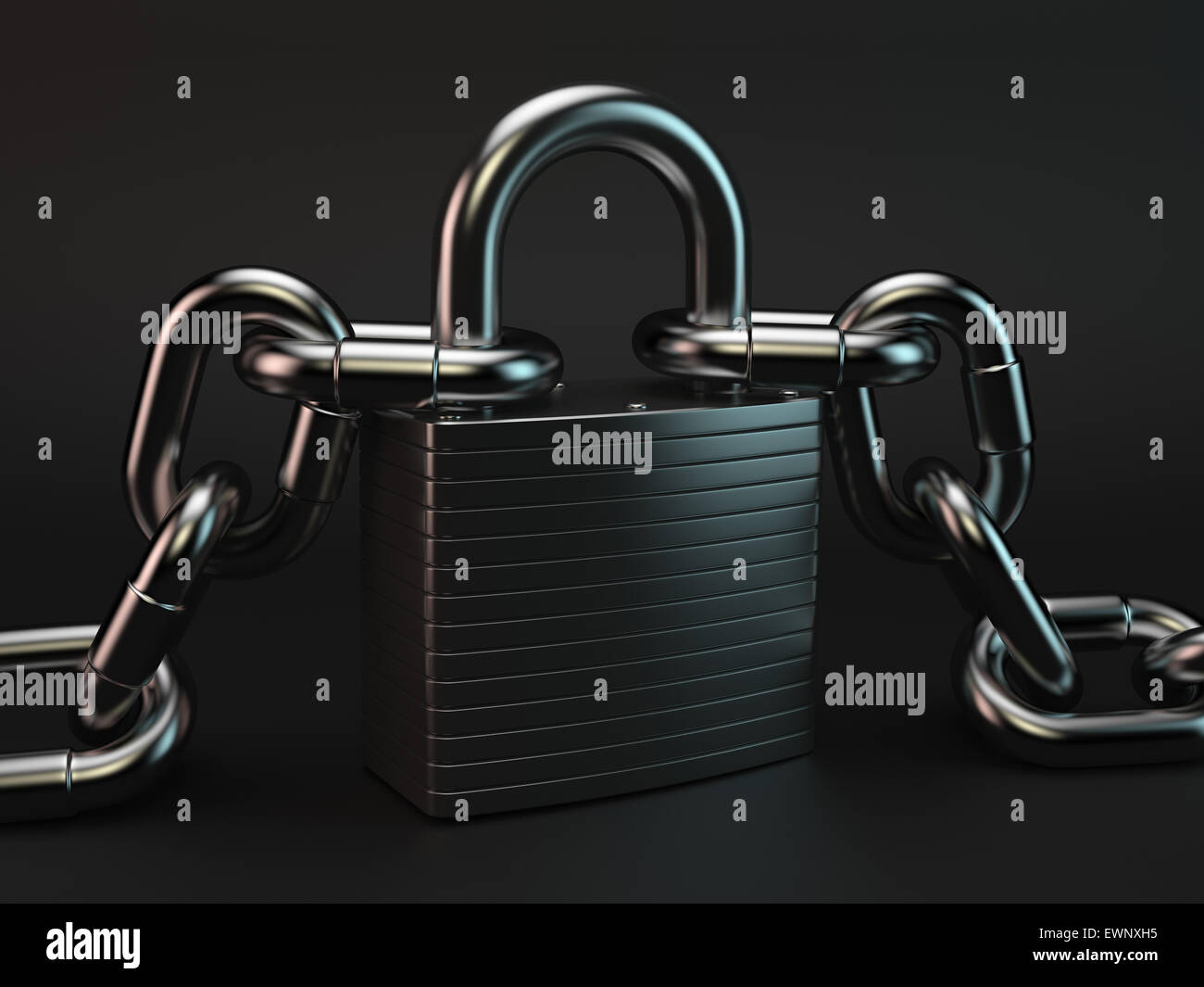 3d rendering of metallic padlock and chains against black background ...