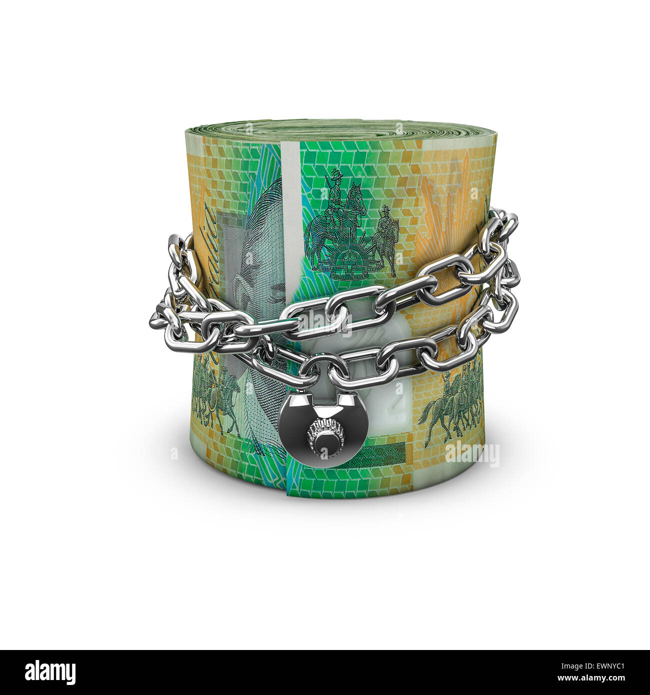 Chained money roll Australian dollars, 3D render of locked chain around ...
