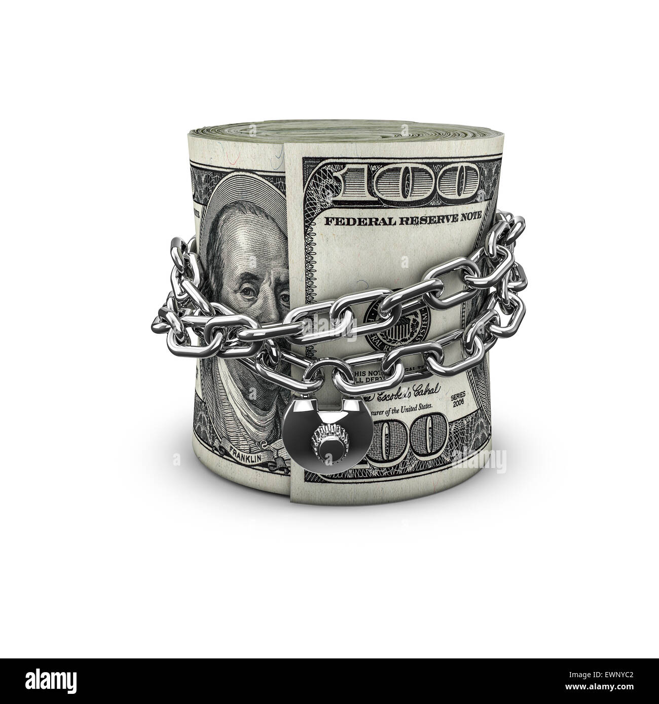 Chained money roll dollars, 3D render of locked chain around rolled up ...