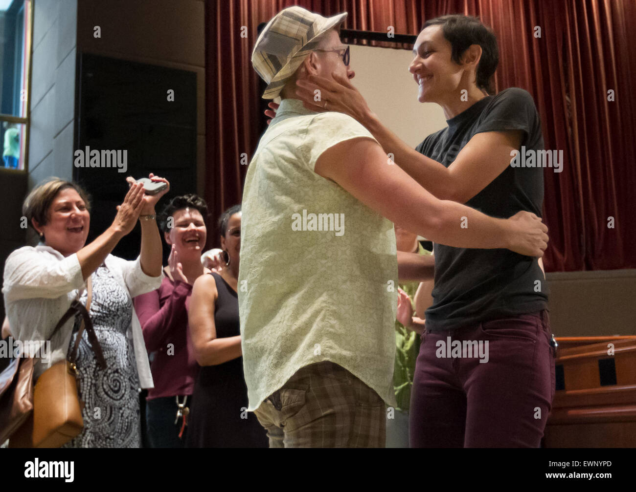 Catherine Simonsen (hat and shorts) and Laura Rivera celebrate together ...