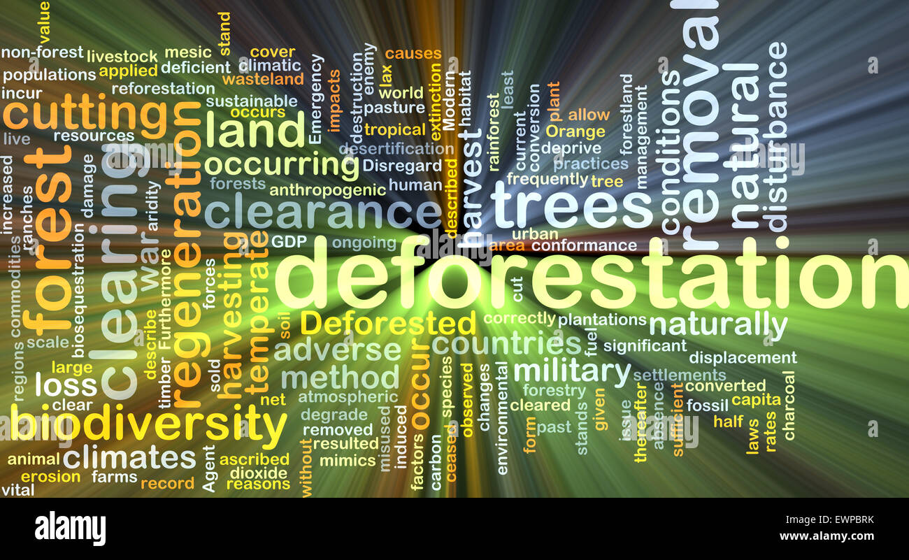 Background concept wordcloud illustration of deforestation glowing ...