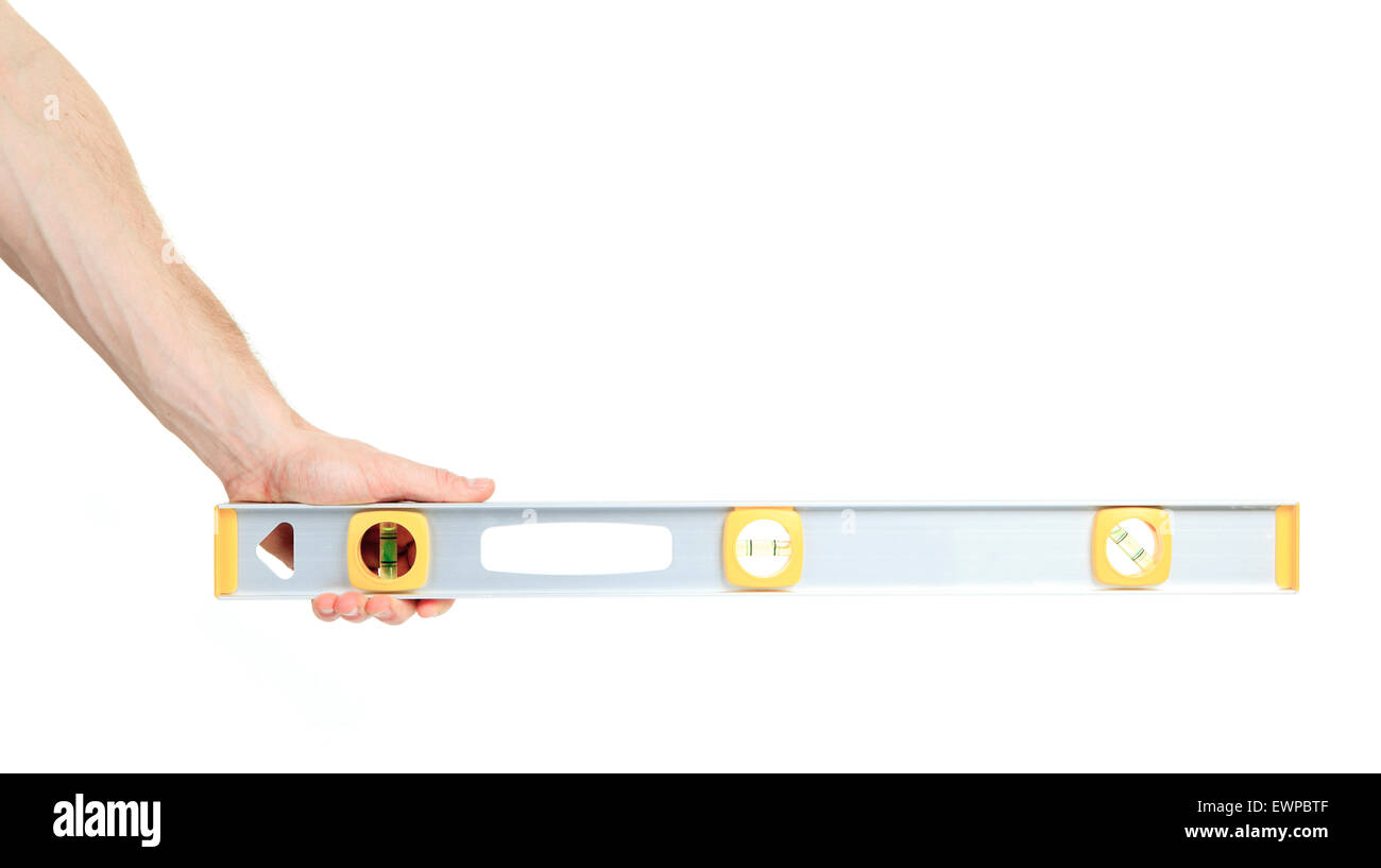 Yellow level tool isolated on white Stock Photo - Alamy