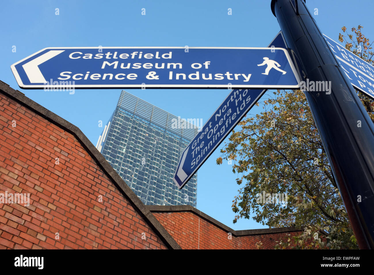 Manchester city centre tourist signs with The Beetham Tower in the ...