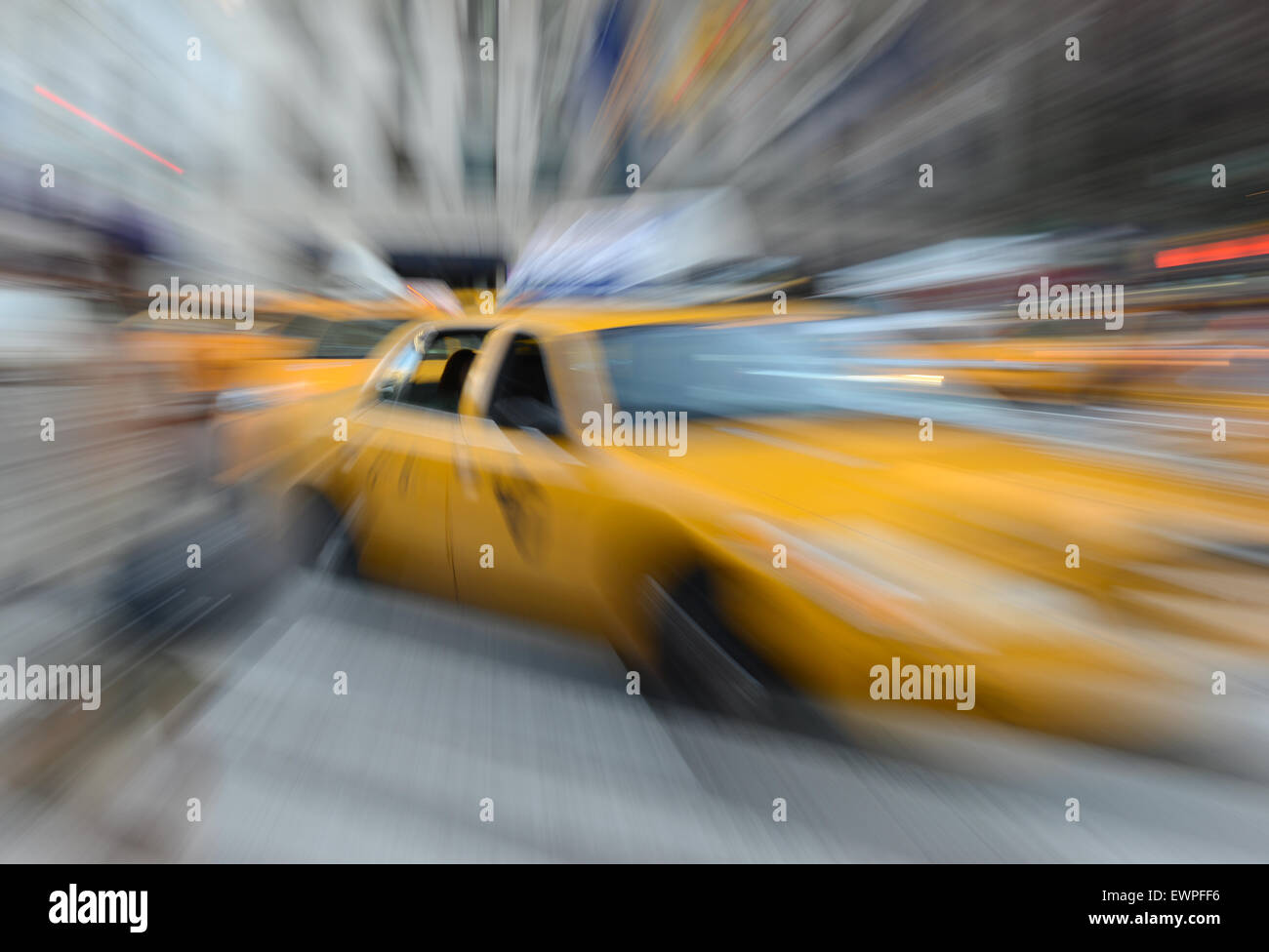 Purposely Blurred taxi cabs and vehicles in traffic showing fast motion ...