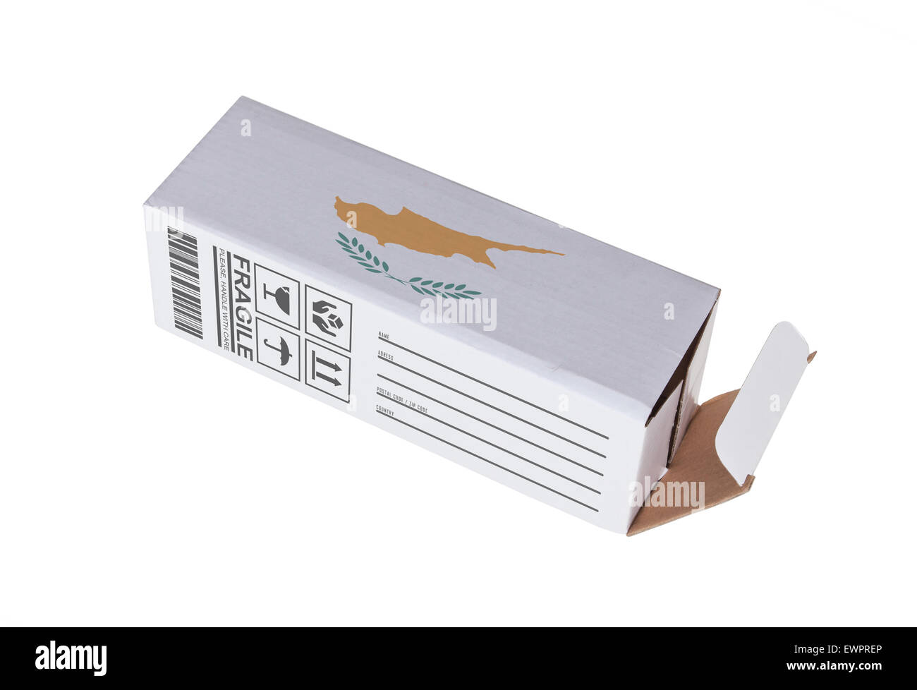 Concept of export, opened paper box - Product of Cyprus Stock Photo - Alamy