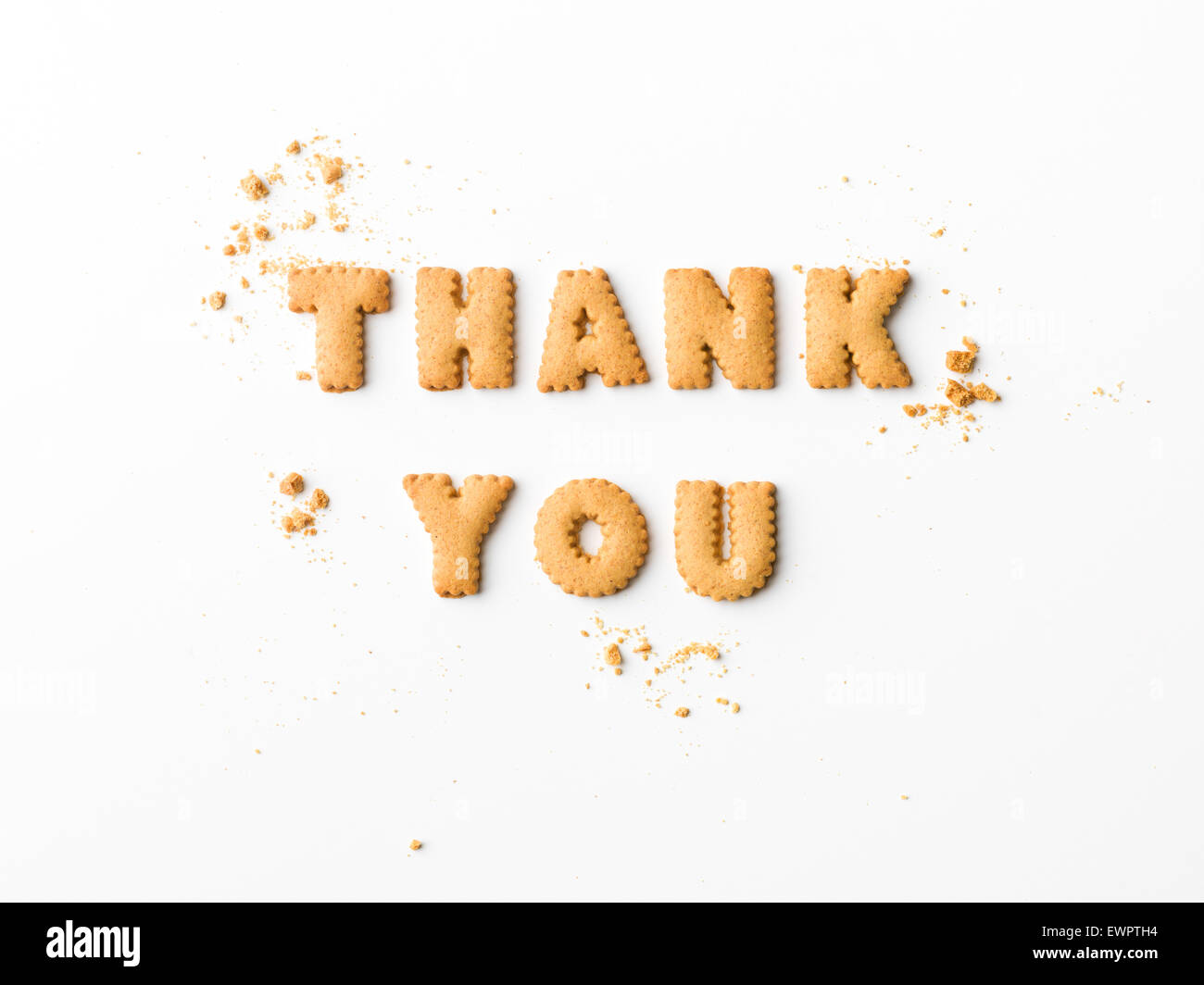 thank you message written with letter biscuits, on white background ...