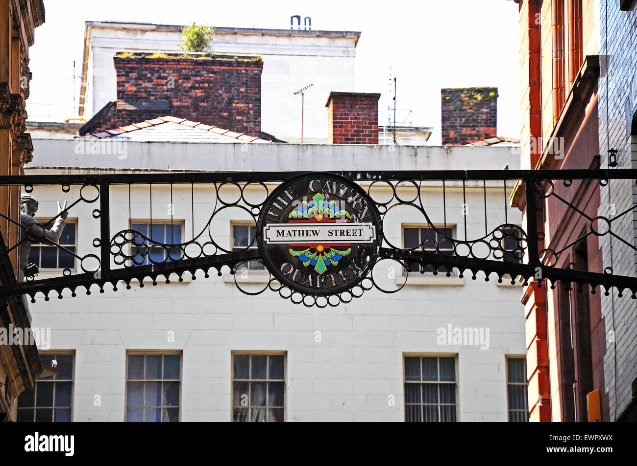 Wrought iron Mathew Street sign, The Cavern Quarter, Liverpool ...