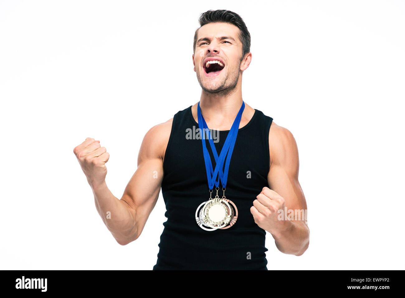 Fitness young man with medals celebrating his success isolated on a ...