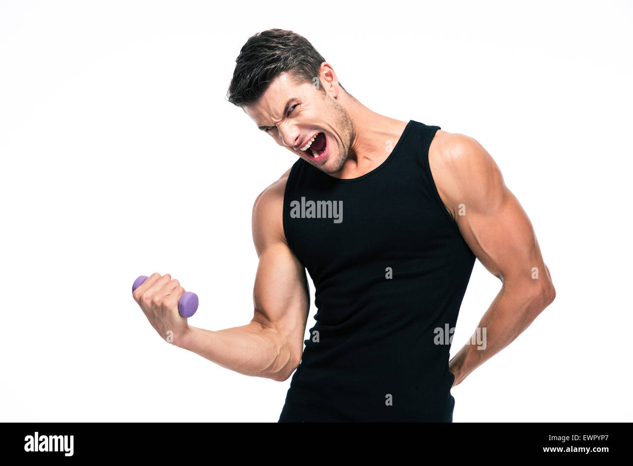 Fitness man working out with small dumbbells isolated on a white ...