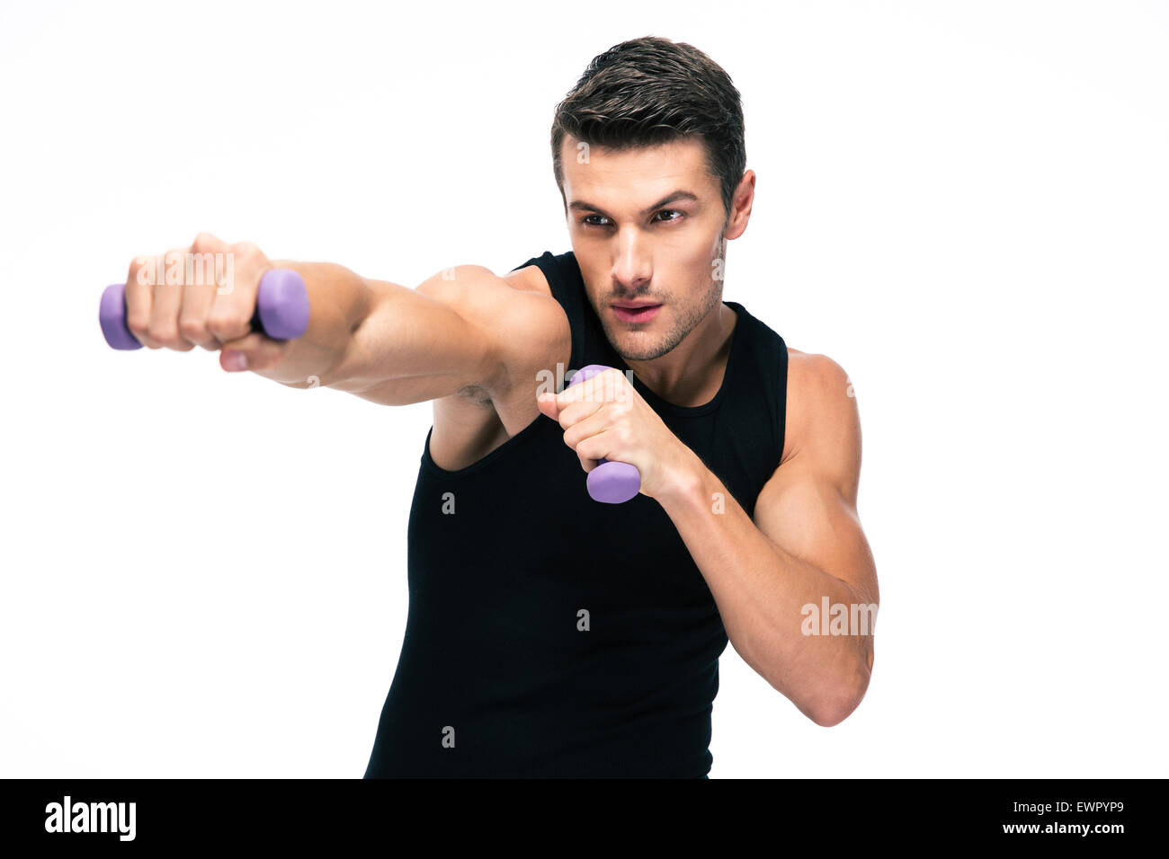 Fitness man working out with small dumbbells isolated on a white ...