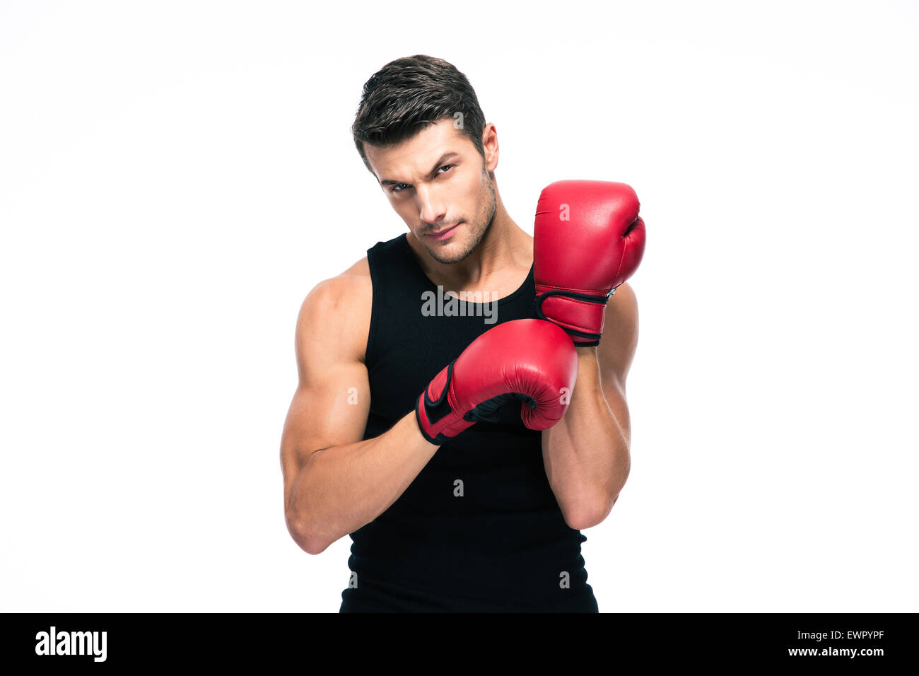 Portrait of a fitness man wearing red boxing gloves isolated on a white ...