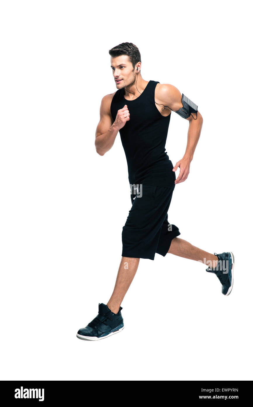 Full length portrait of a handsome sports man running isolated on a ...