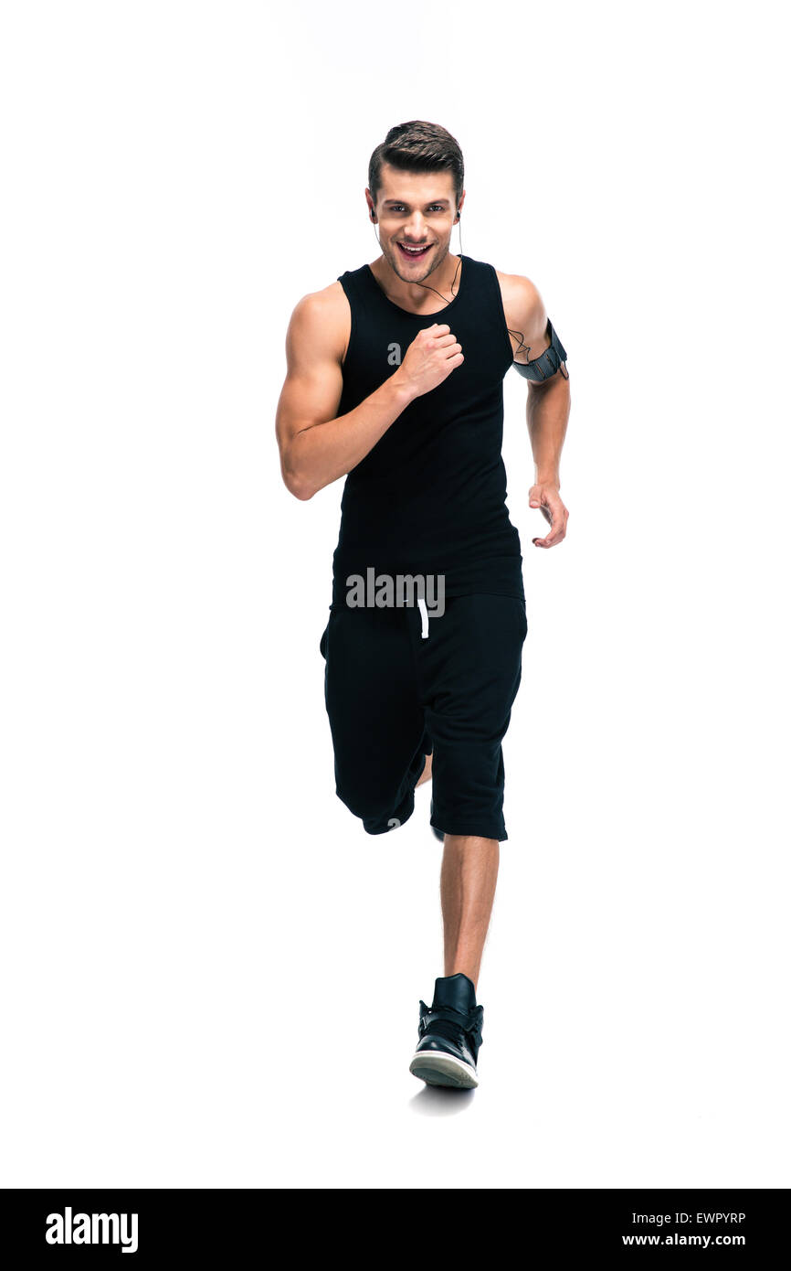 Full length portrait of a fitness man running isolated on a white ...