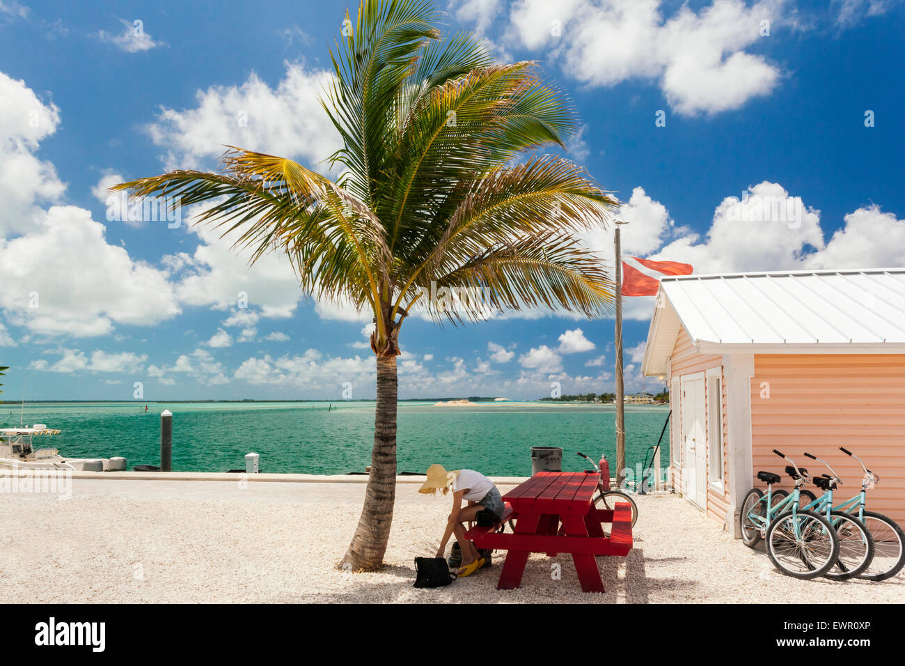 Woman in the Bahamas and boats near the dock Stock Photo - Alamy