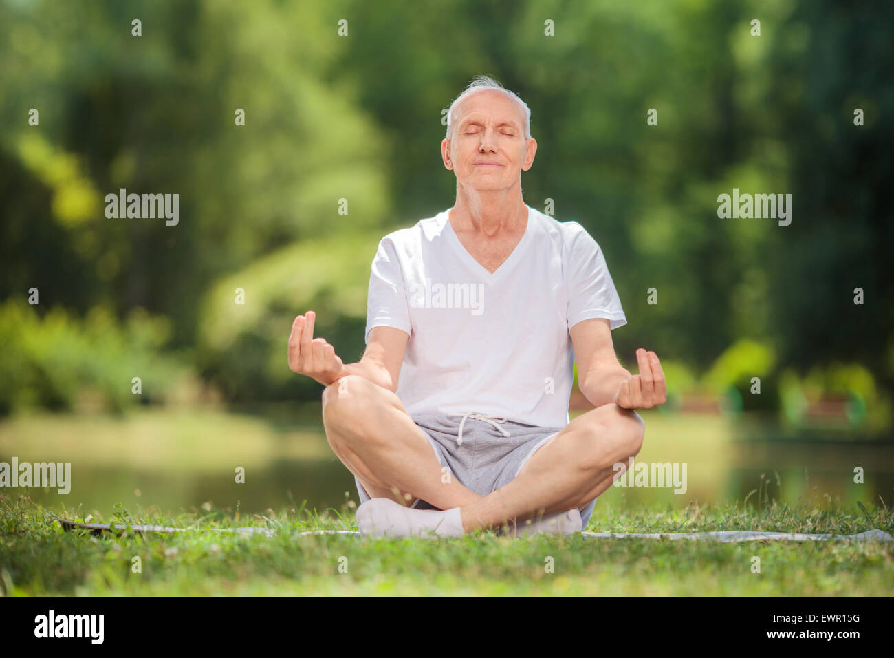 Calm senior man meditating in a park seated on a blanket in a field ...