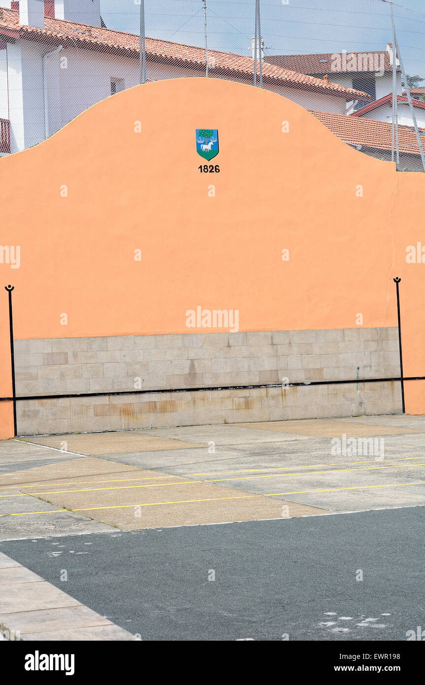 View of open-air fronton for Basque pelota in the village of Ciboure ...
