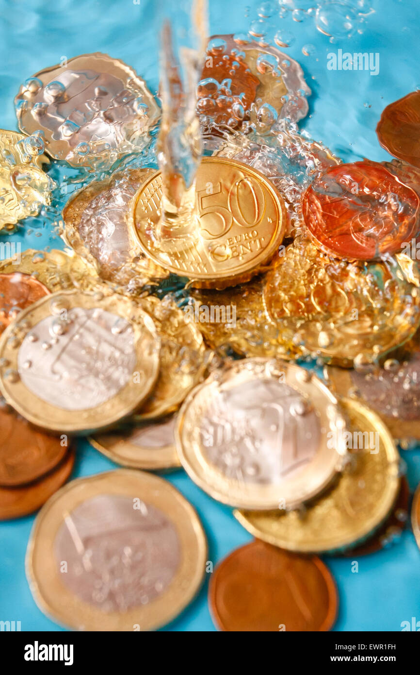 Water price concept with euro currency coins and water drops, vertical ...