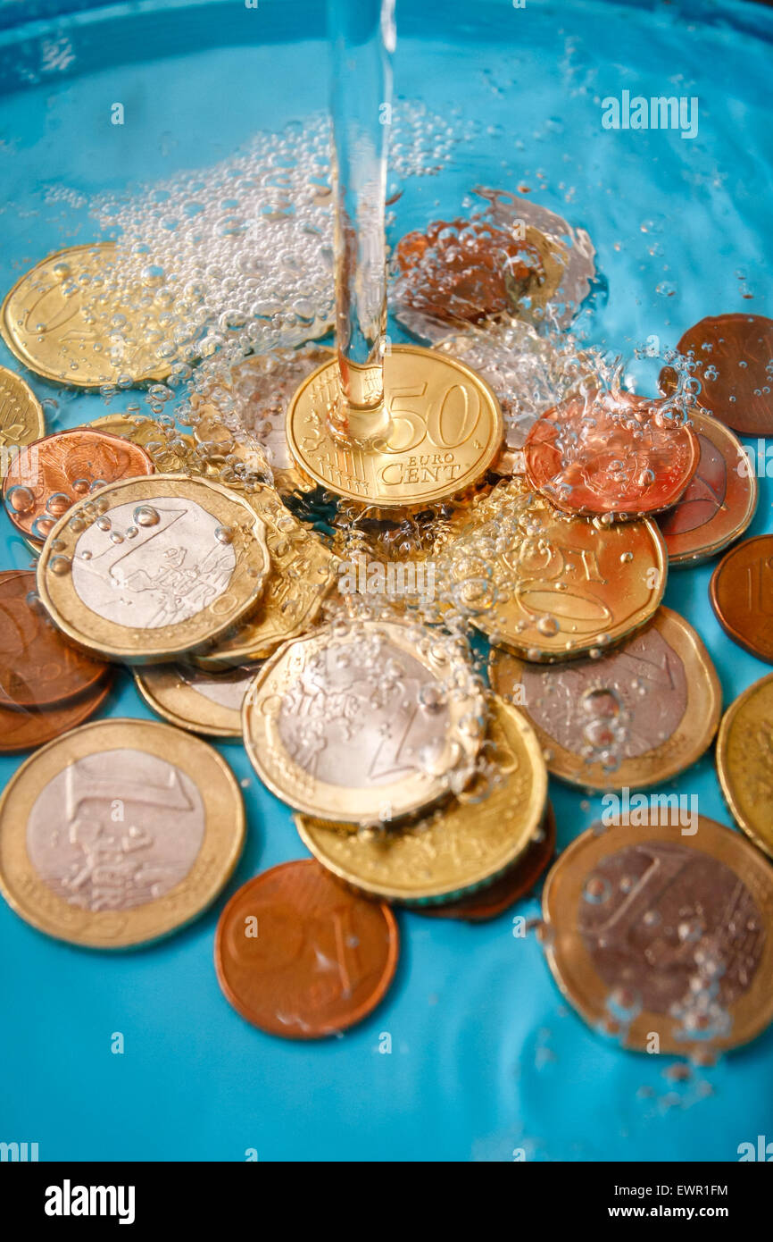 Water price concept with euro currency coins and water drops, vertical ...