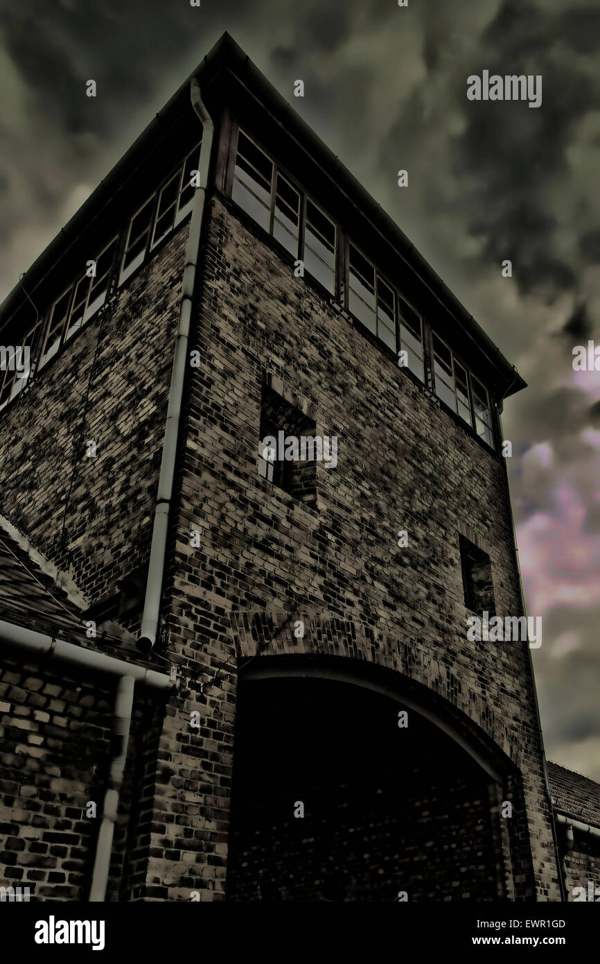 The guard tower at the entrance to Auschwitz II Concentration Camp ...