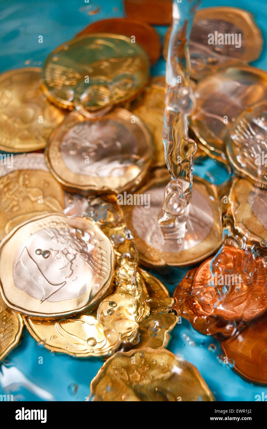 Water price concept with euro currency coins and water drops, vertical ...