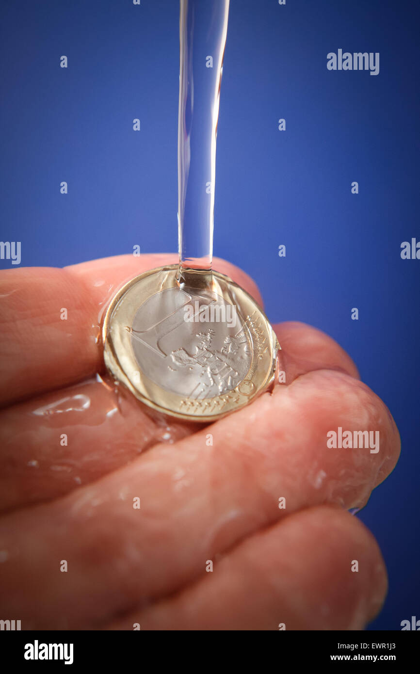 Water price concept with euro currency coins and water drops, vertical ...