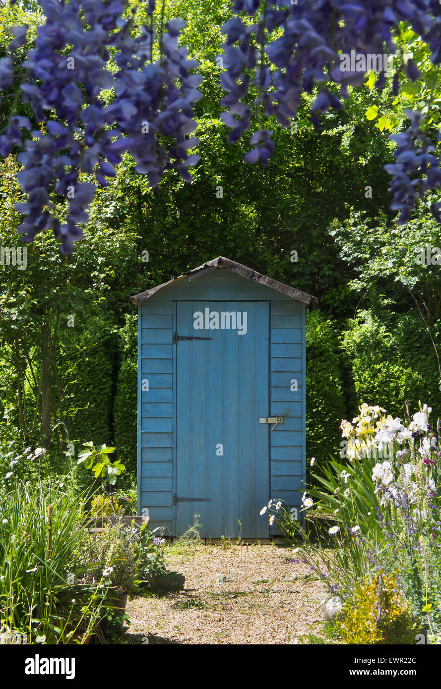 A blue shed in an English country garden Stock Photo - Alamy