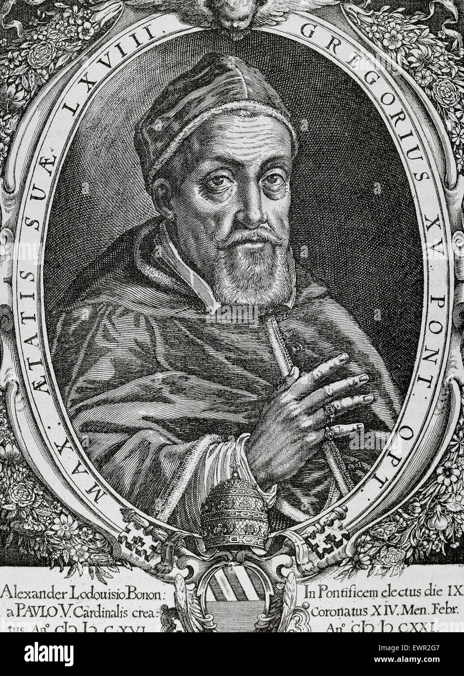 Pope Gregory XV (1554-1623). Born Alessandro Ludovisi. Engraving by ...