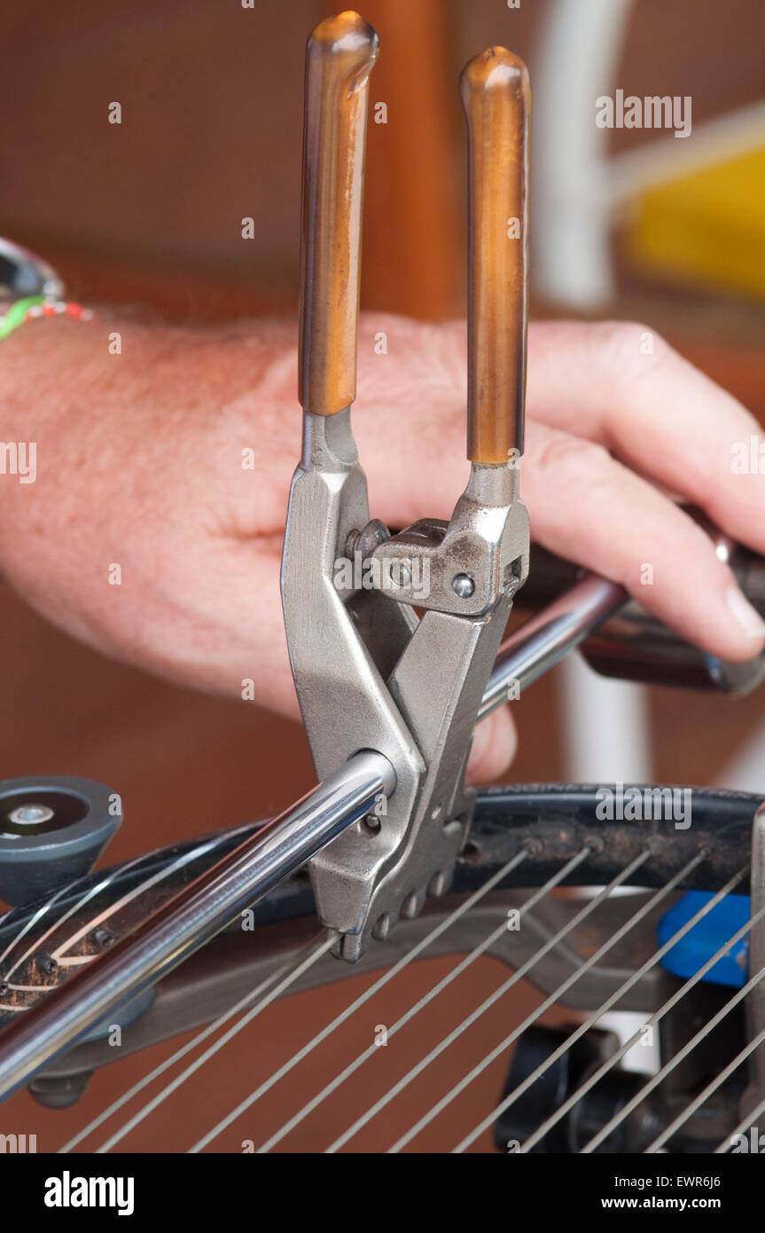 Tennis Racket in Stringing Machine Being Repaired Stock Photo - Alamy