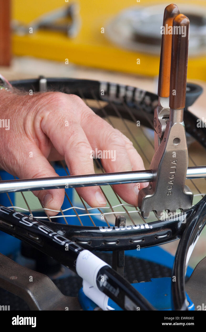 Tennis Racket in Stringing Machine Being Repaired Stock Photo - Alamy