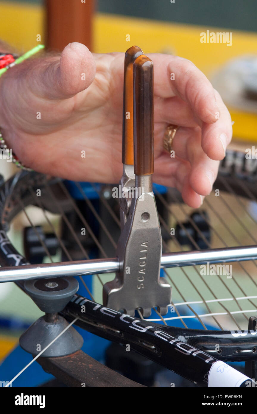Tennis Racket in Stringing Machine Being Repaired Stock Photo - Alamy