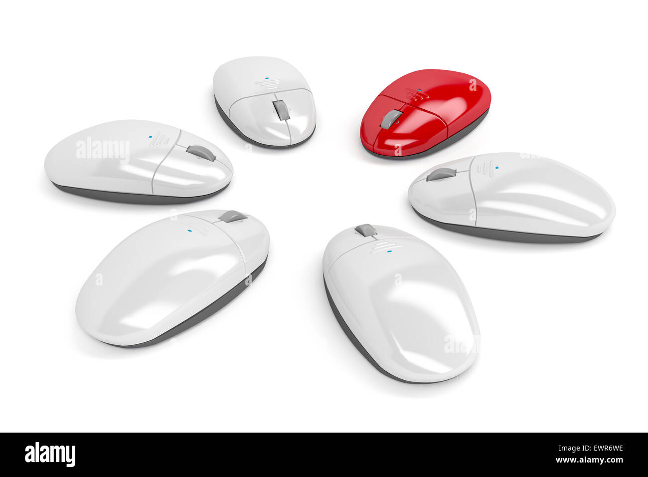 Concept image with wireless computer mouses, one red among other white ...