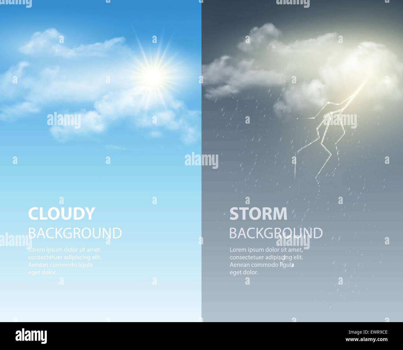 Thunder and lightning, sun and clouds. Weather background. Vector ...