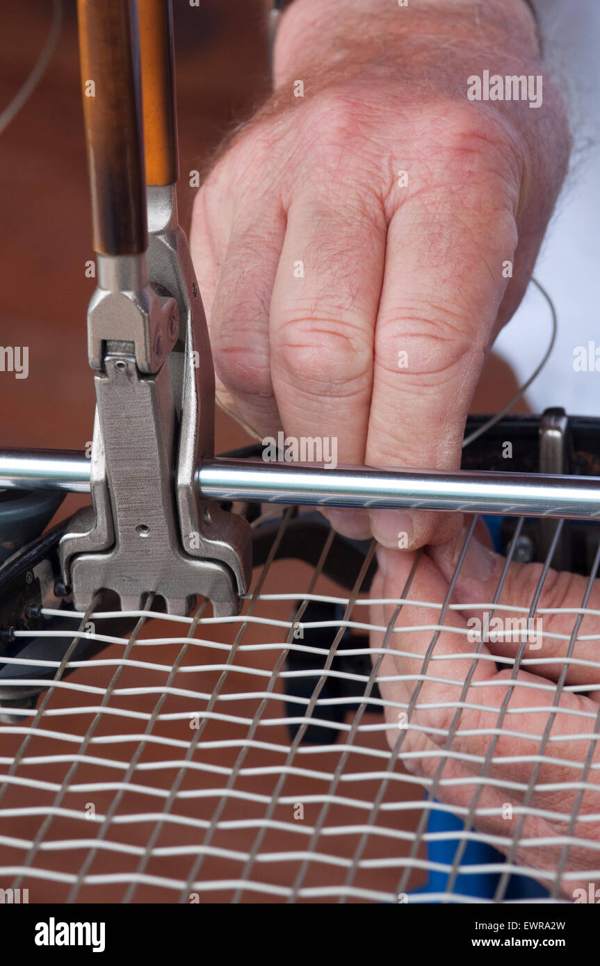 Tennis Racket in Stringing Machine Being Repaired Stock Photo - Alamy