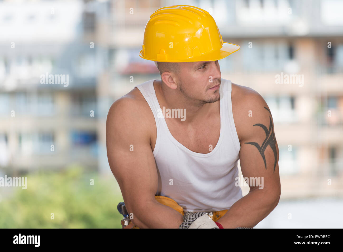 Construction Worker Relaxing The Fresh Air During Work Stock Photo - Alamy