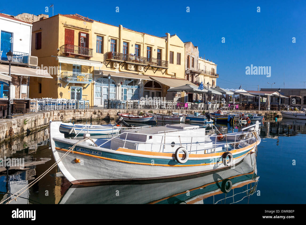 Rethymno, Crete, Greece, Fishing Boat anchored, Old Venetian port ...