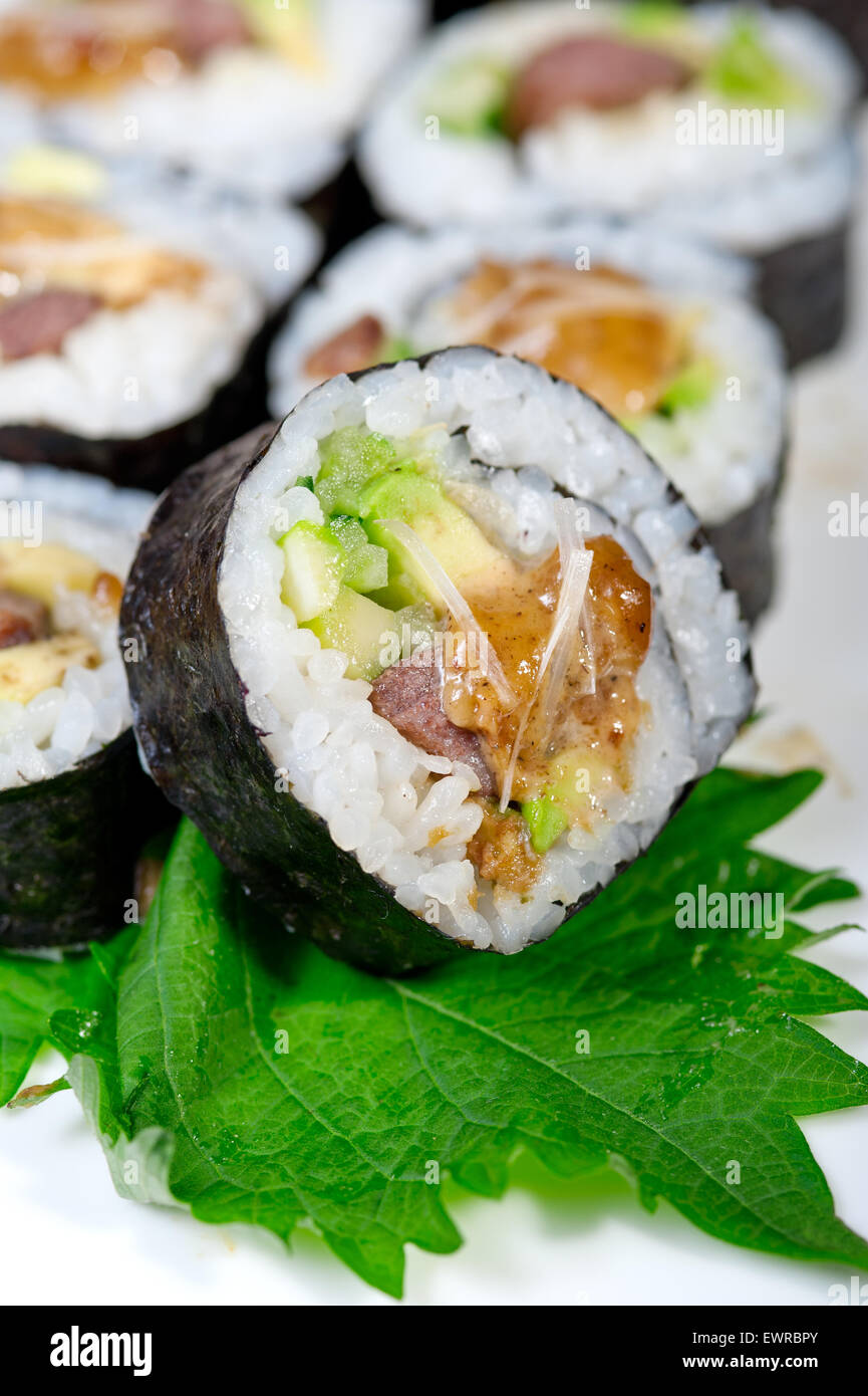 macro closeup of fresh sushi choice combination assortment selection ...