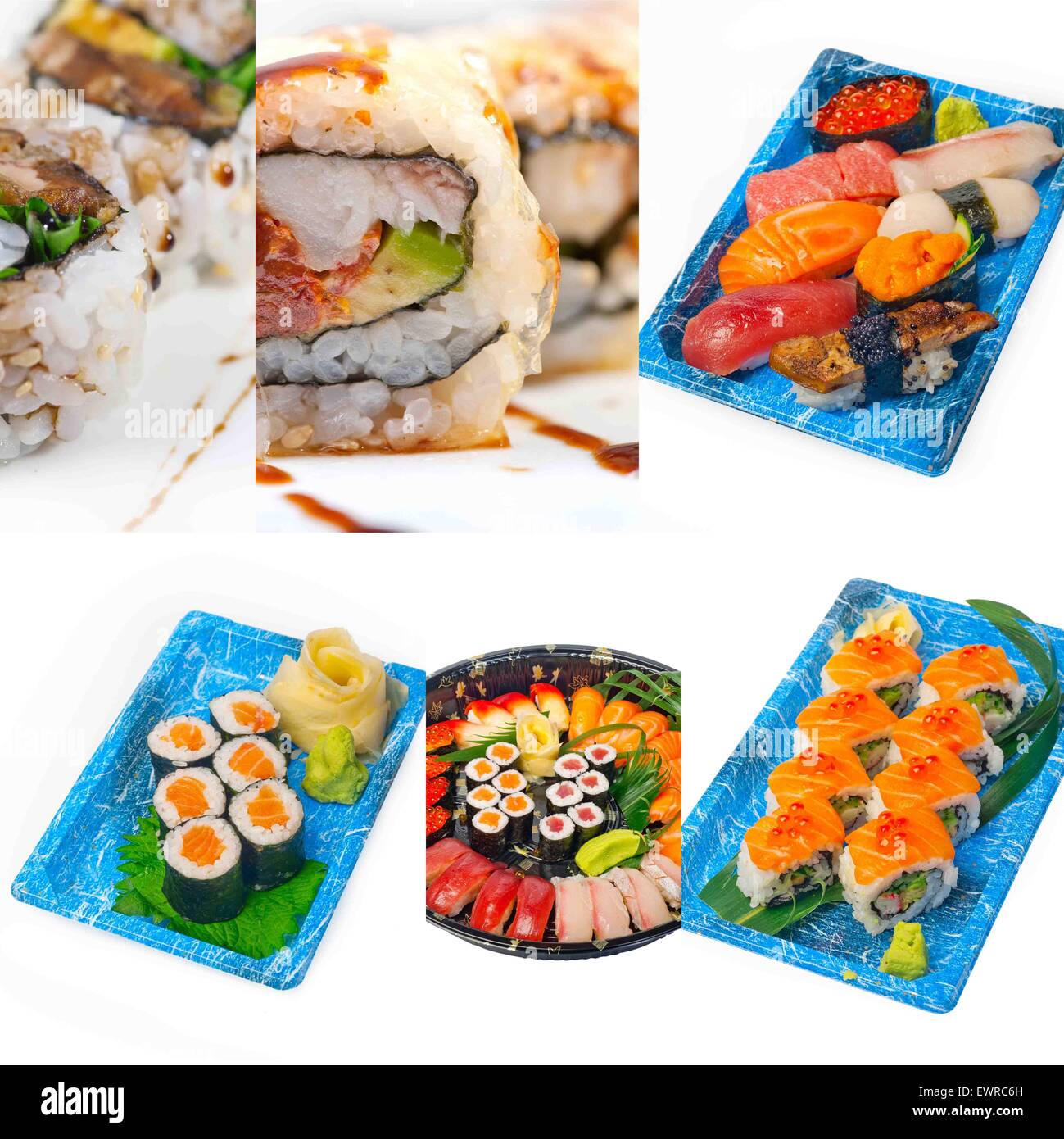 selection of many Japanese sushi dish collage over white frame Stock ...