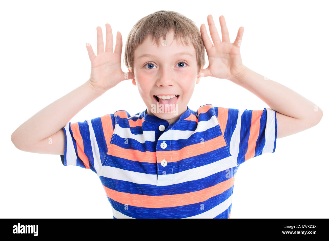 Little boy wincing on white background Stock Photo - Alamy