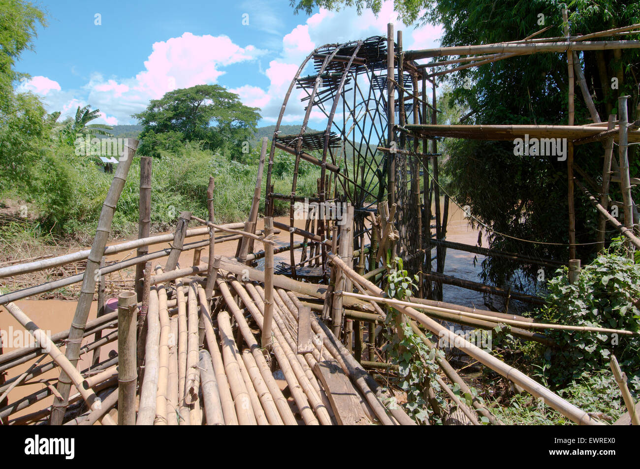 Bamboo water wheel for irrigation of rice fields, Loei province ...