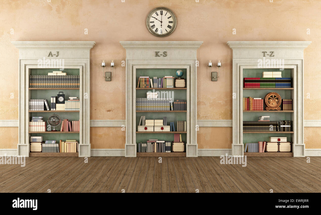 Library in classic style with old books and vintage objects - 3D ...