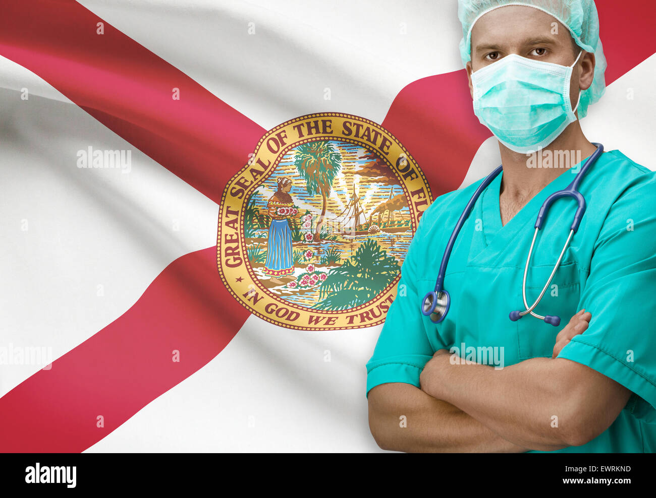 Surgeon with USA states flags on background - Florida Stock Photo - Alamy