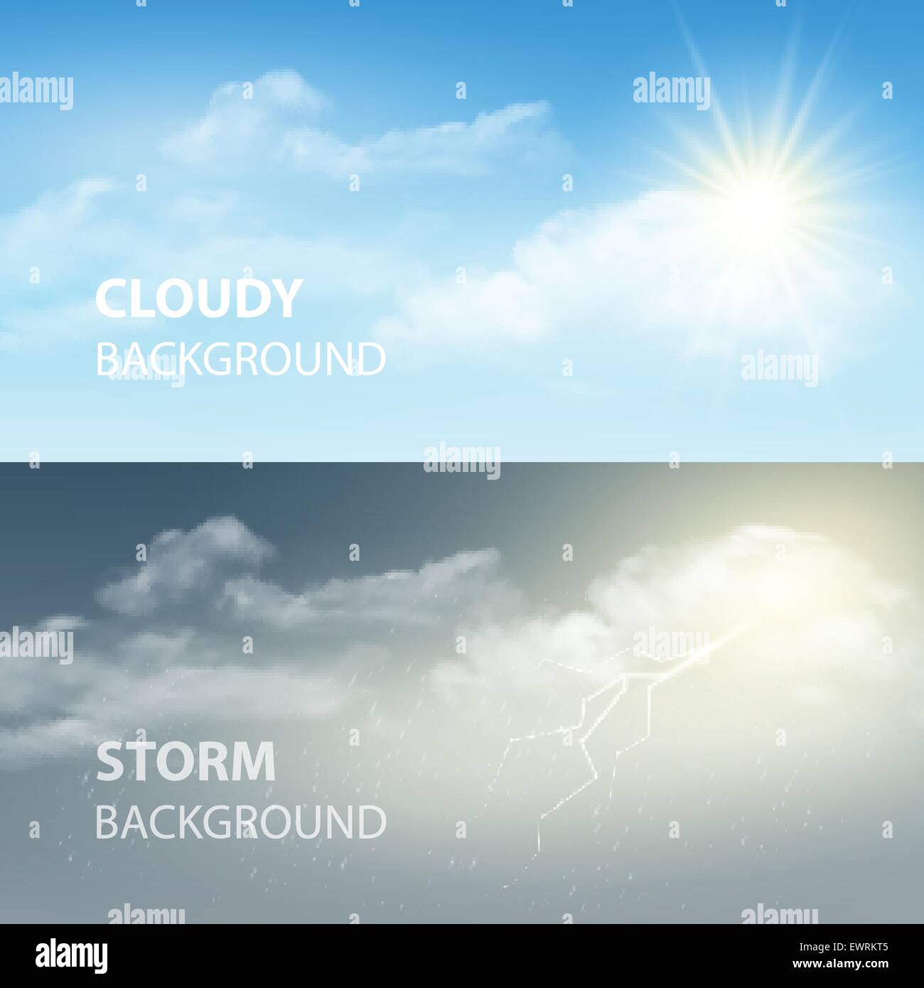 Thunder and lightning, sun and clouds. Weather background. Vector ...